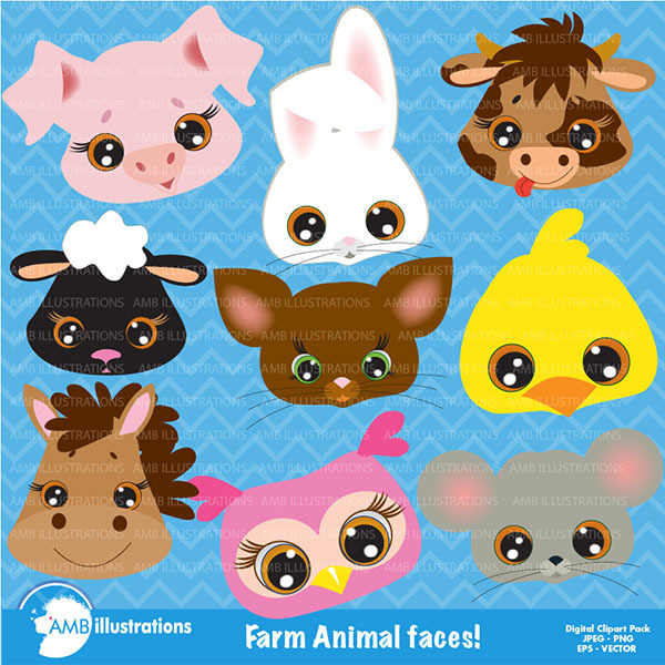 Farm Animal Faces Clipart AMB-272, an Animal Illustration by ...