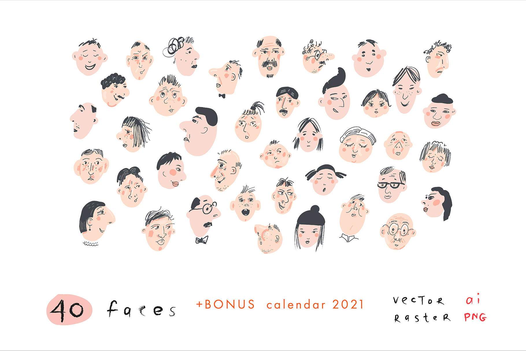 40 faces+calendar 2021, a Graphic by Lera Efremova | Creative Market