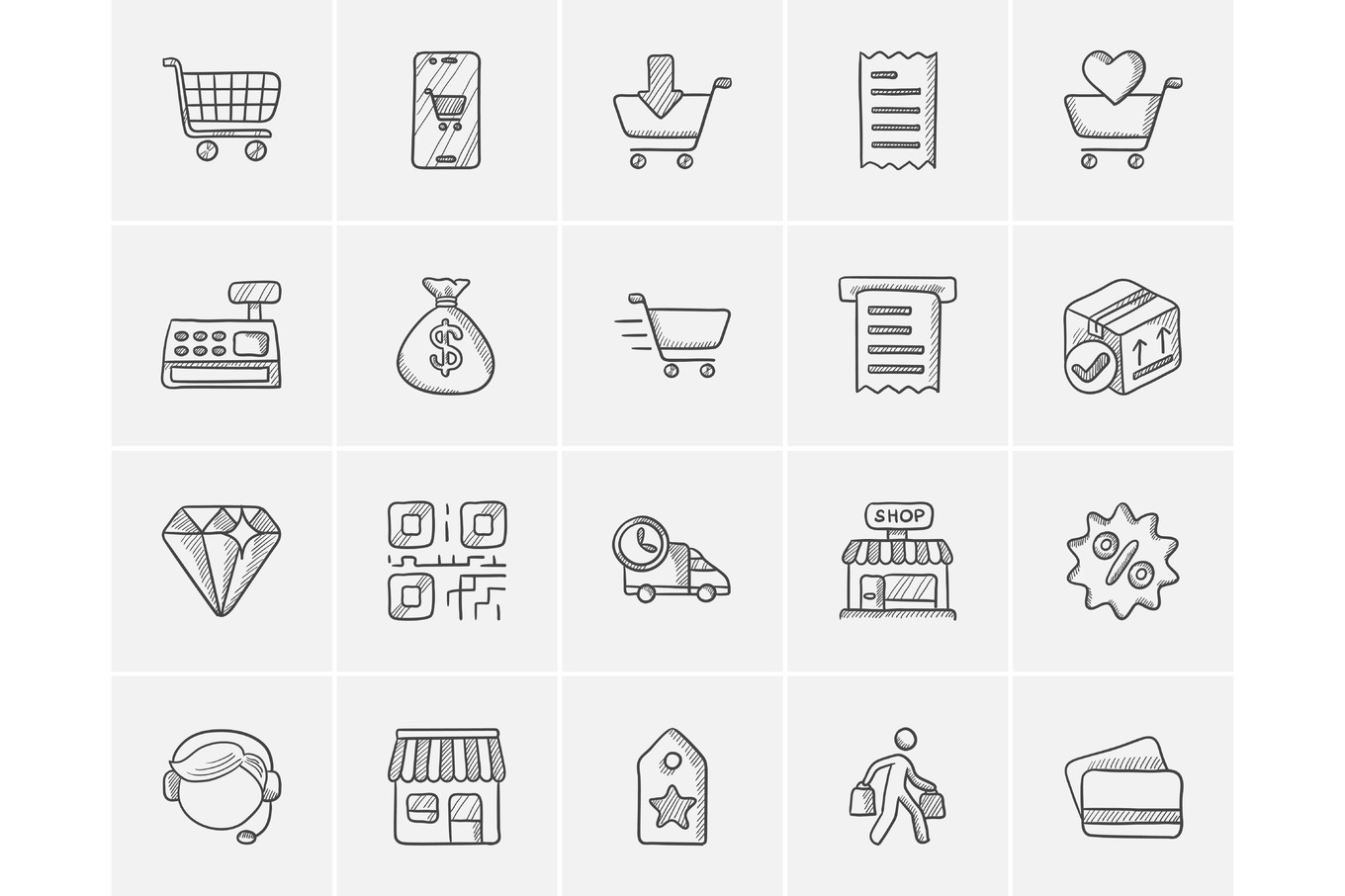 Shopping sketch icon set., an Outline Icon by Visual Generation ...
