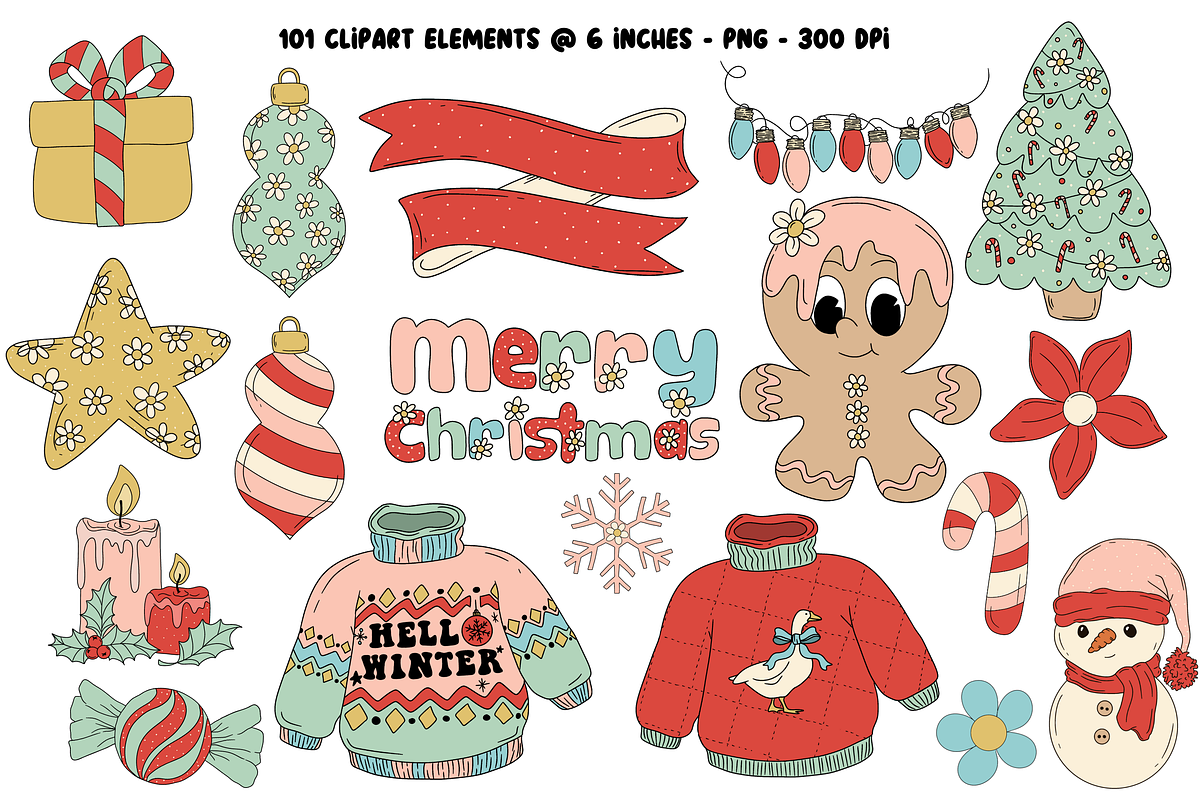Groovy Retro Christmas Clipart Set, a Graphic by Murphy & Frank