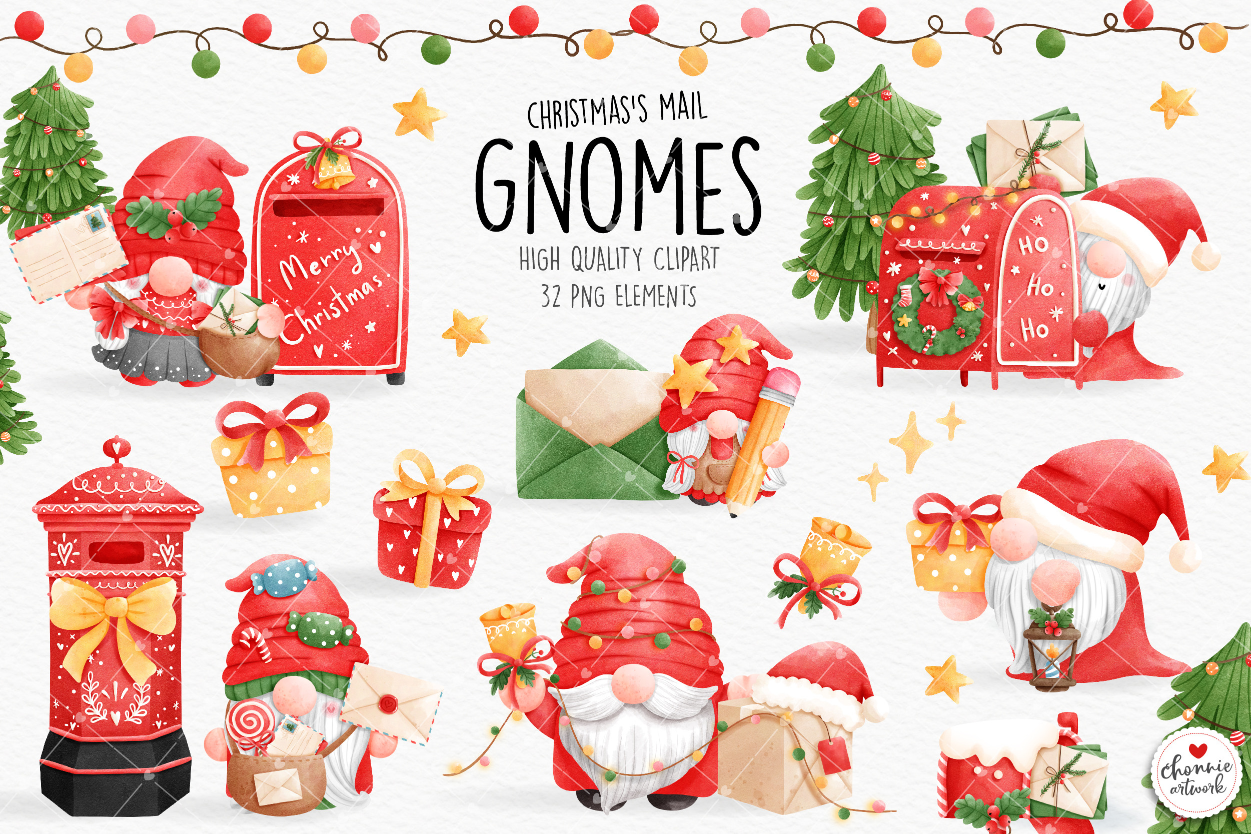 Christmas Mail Gnome Clipart, an Illustration by Chonnieartwork