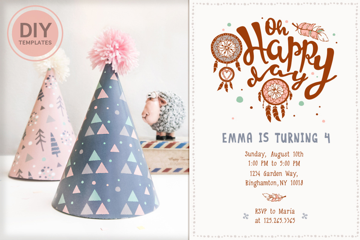 Printable Boho Birthday Party Kit, an Invitation Template by Yeticrab