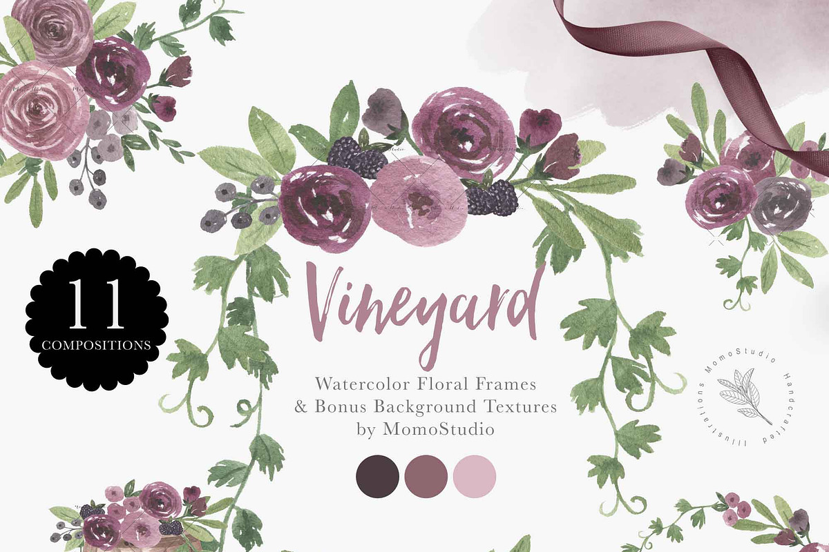 Watercolor Vineyard Elements, an Illustration by Momo Studio