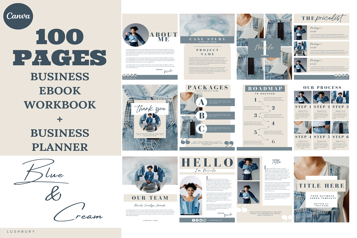 100 Blue Cream Ebook Template Canva, a Magazine Template by LushBury