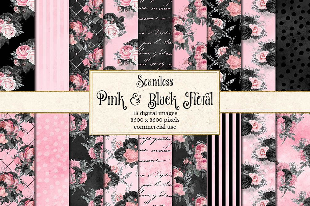 Pink and Black Floral Digital Paper, a Pattern Graphic by Digital Curio