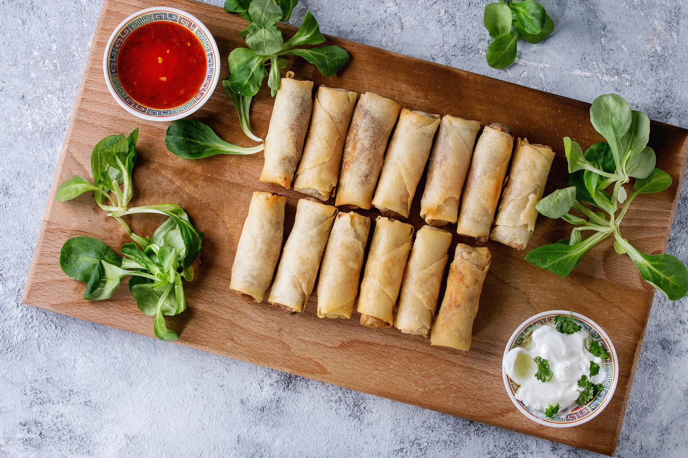 Fried spring rolls with sauce featuring spring, rolls, and roll, a Food ...