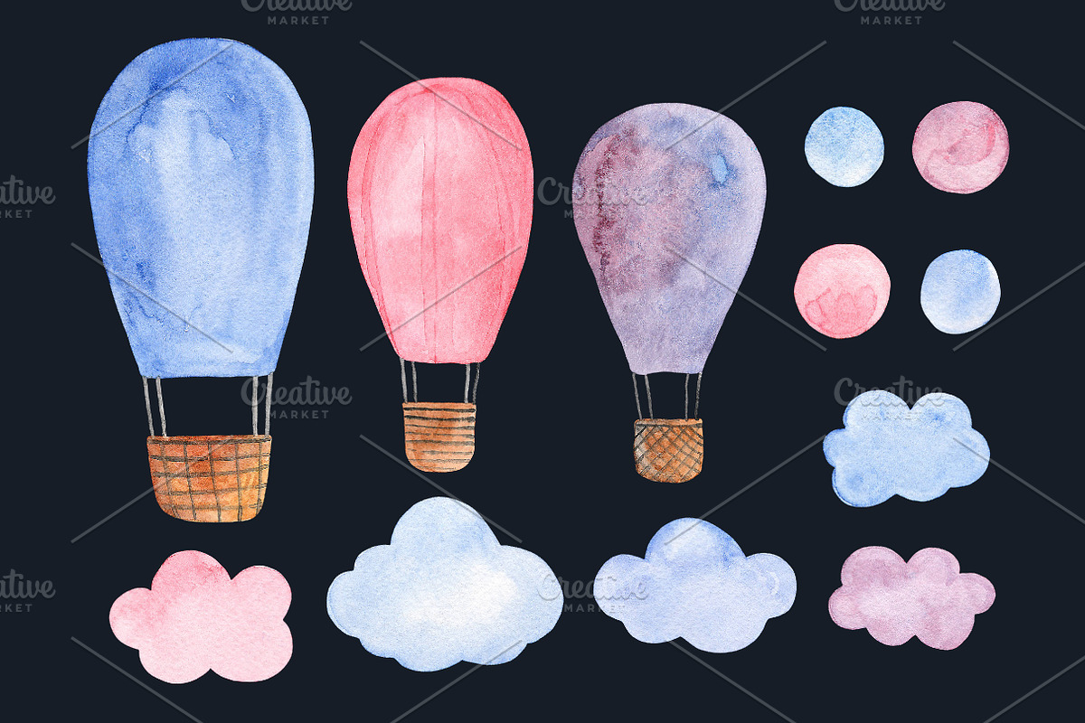 Air balloons watercolor clip art, a Transportation Illustration by ...