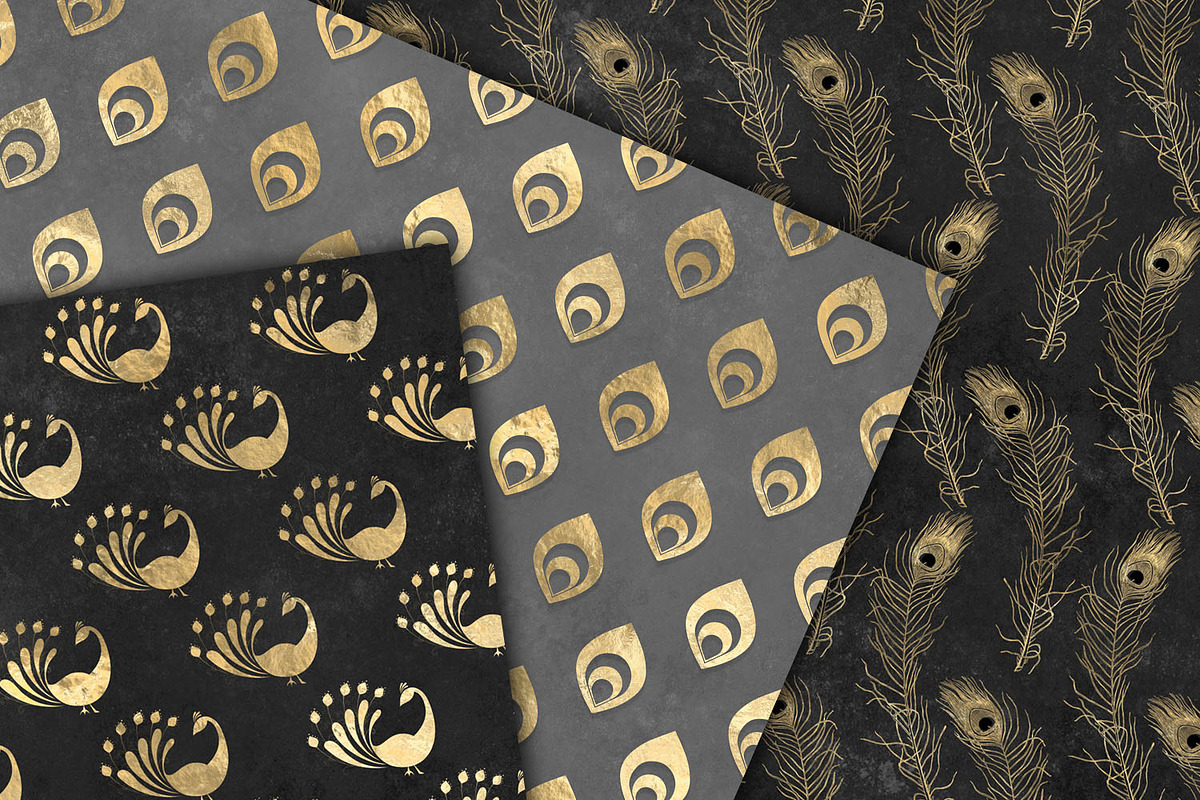 Black and Gold Peacock Digital Paper, a Pattern Graphic by Digital ...