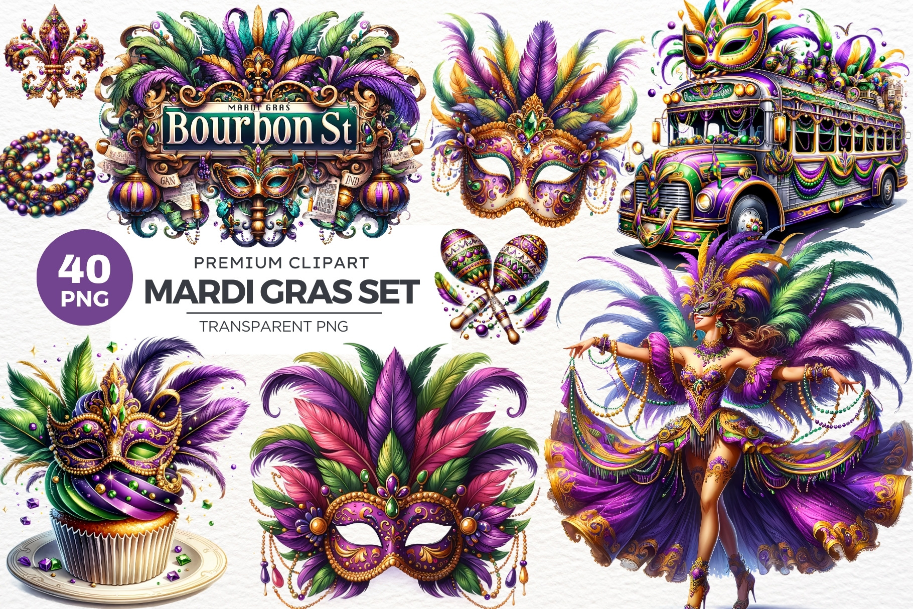 Watercolor Mardi Gras Clipart set, a Seasonal Illustration by ...