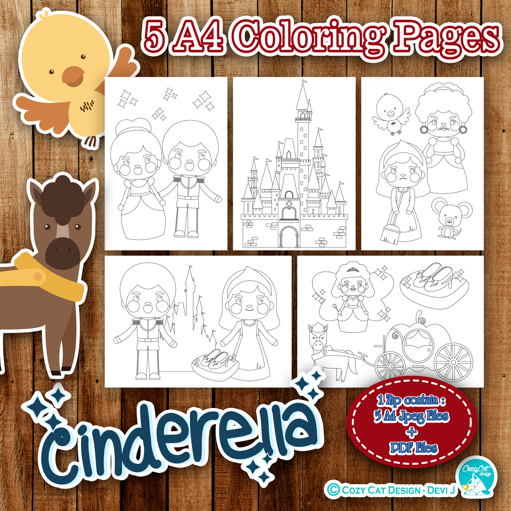 Cute Cinderella Coloring Pages, an Illustration by Cozy Cat Design