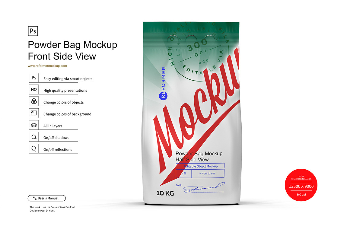 Powder Bag Mockup Front Side View, a Packaging Mockup by Reformer Mockup