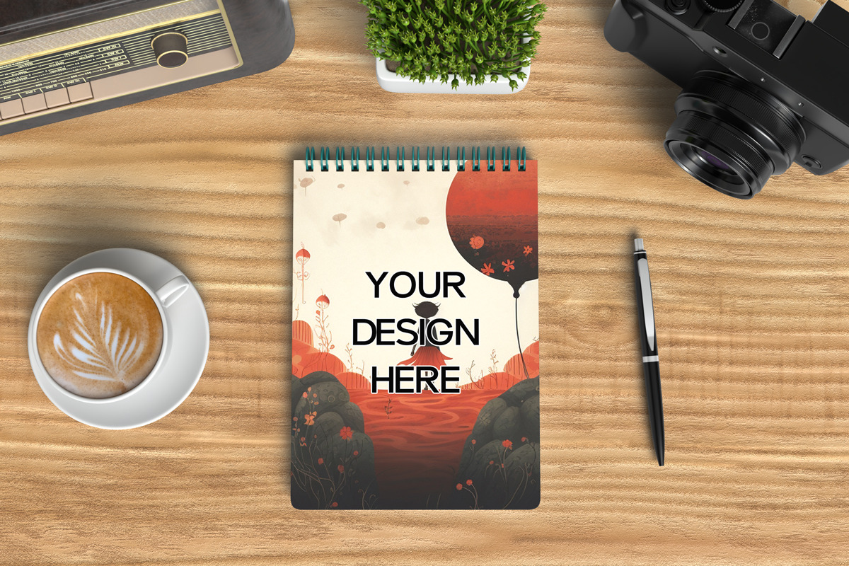 Notebook cover and stickers mockup, an Advertising Mockup by Rami's Mockups