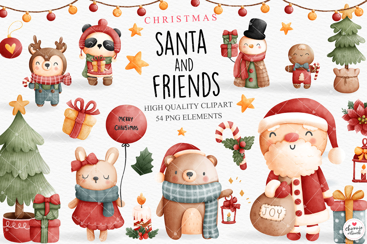 Christmas Santa and friends Clipart, an Animal Illustration by ...