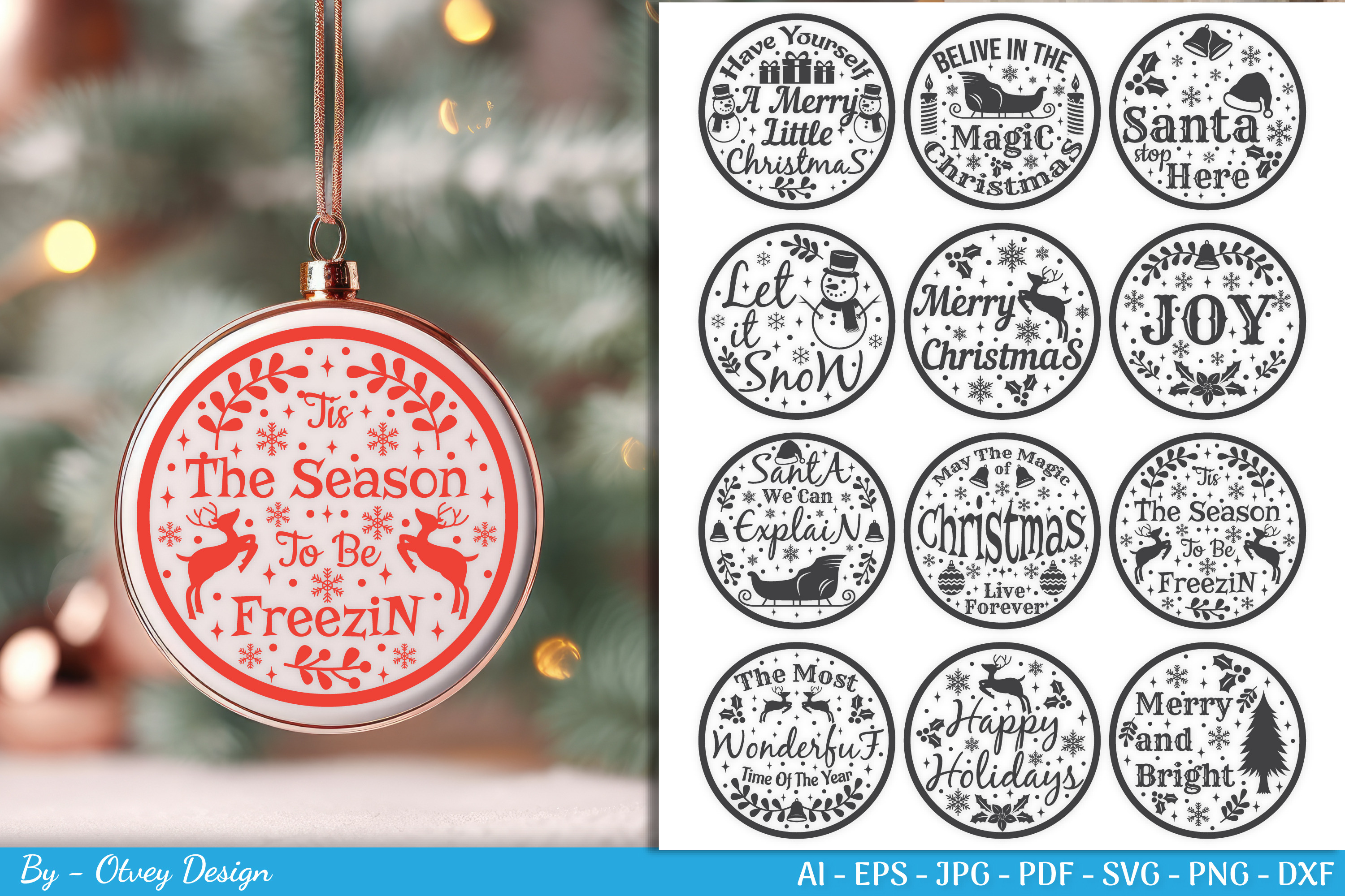 Round Christmas Ornaments SVG, a Decorative Illustration by OTVEY DESIGN