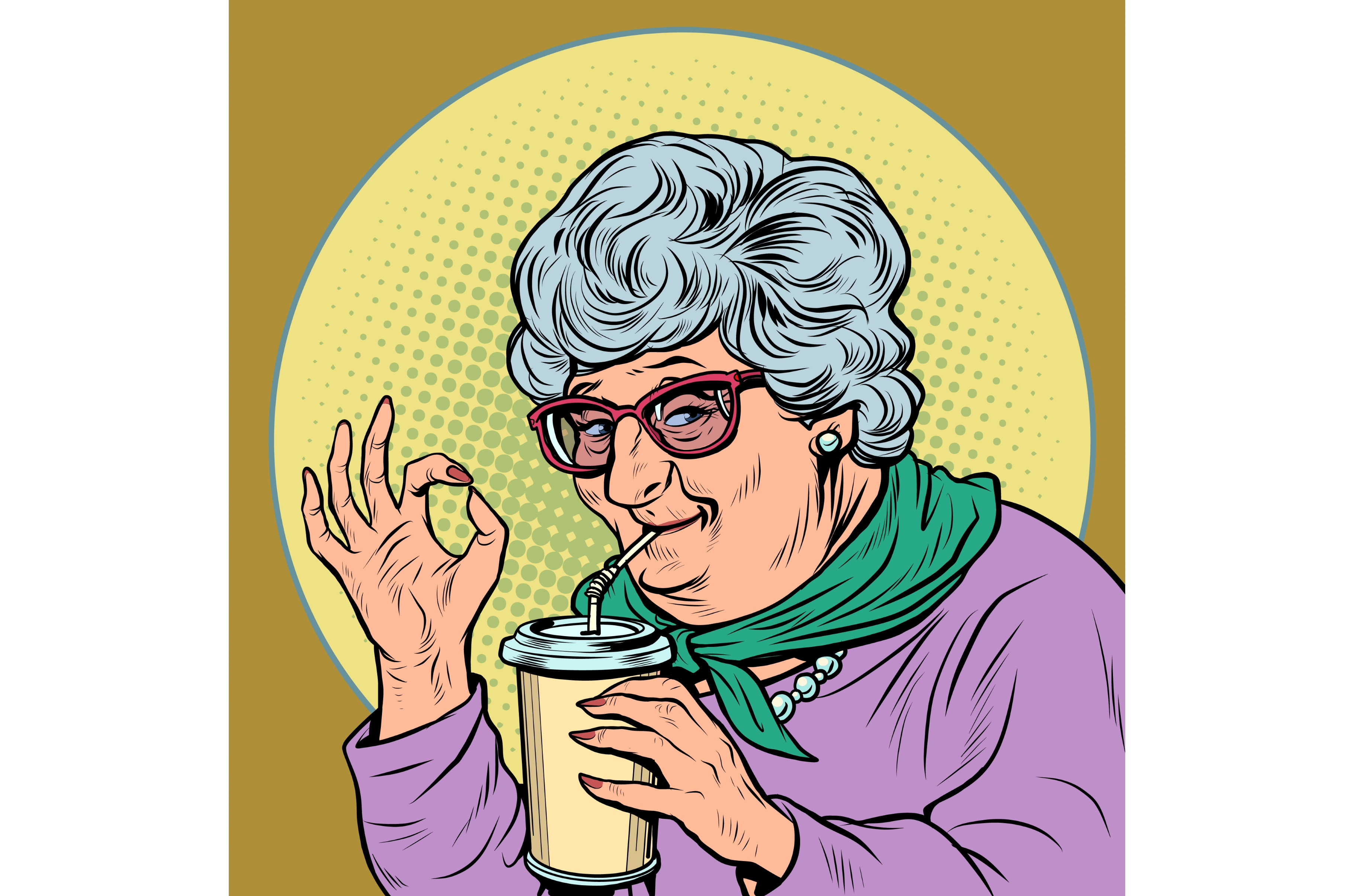 elderly woman granny drinks a coke | Food Illustrations ~ Creative Market