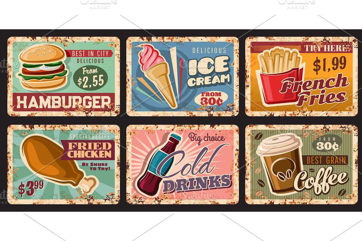 Fast food retro tin signs, a Food Illustration by Vector Tradition