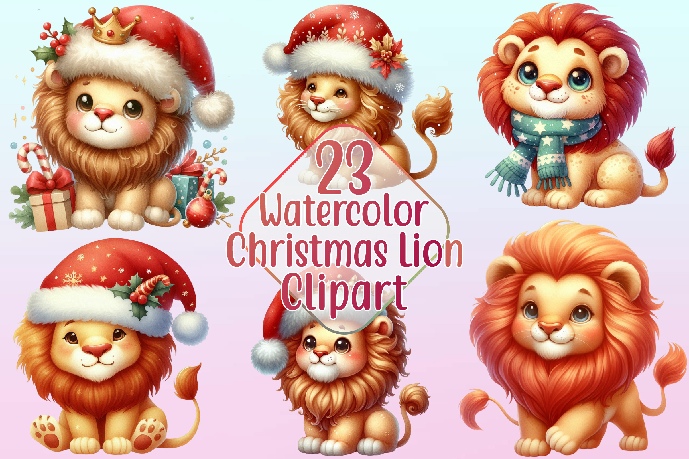 Cute Christmas Lion Clipart Bundle, a Work Illustration by designhome