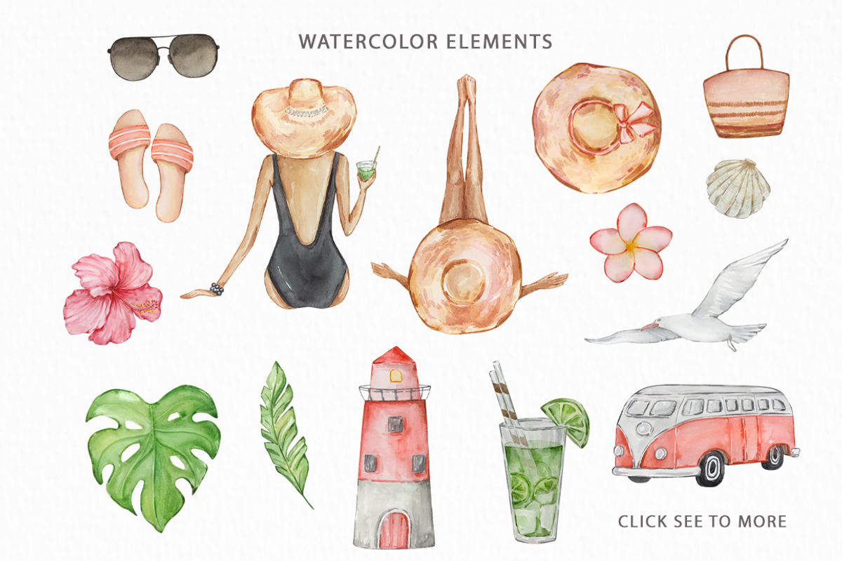 Watercolor Summer Beach Clipart, an Illustration by SvetaArtStore