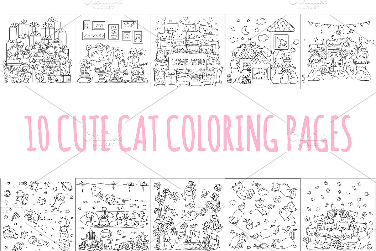 10 Cute cats coloring pages, an Illustration by Somjai King