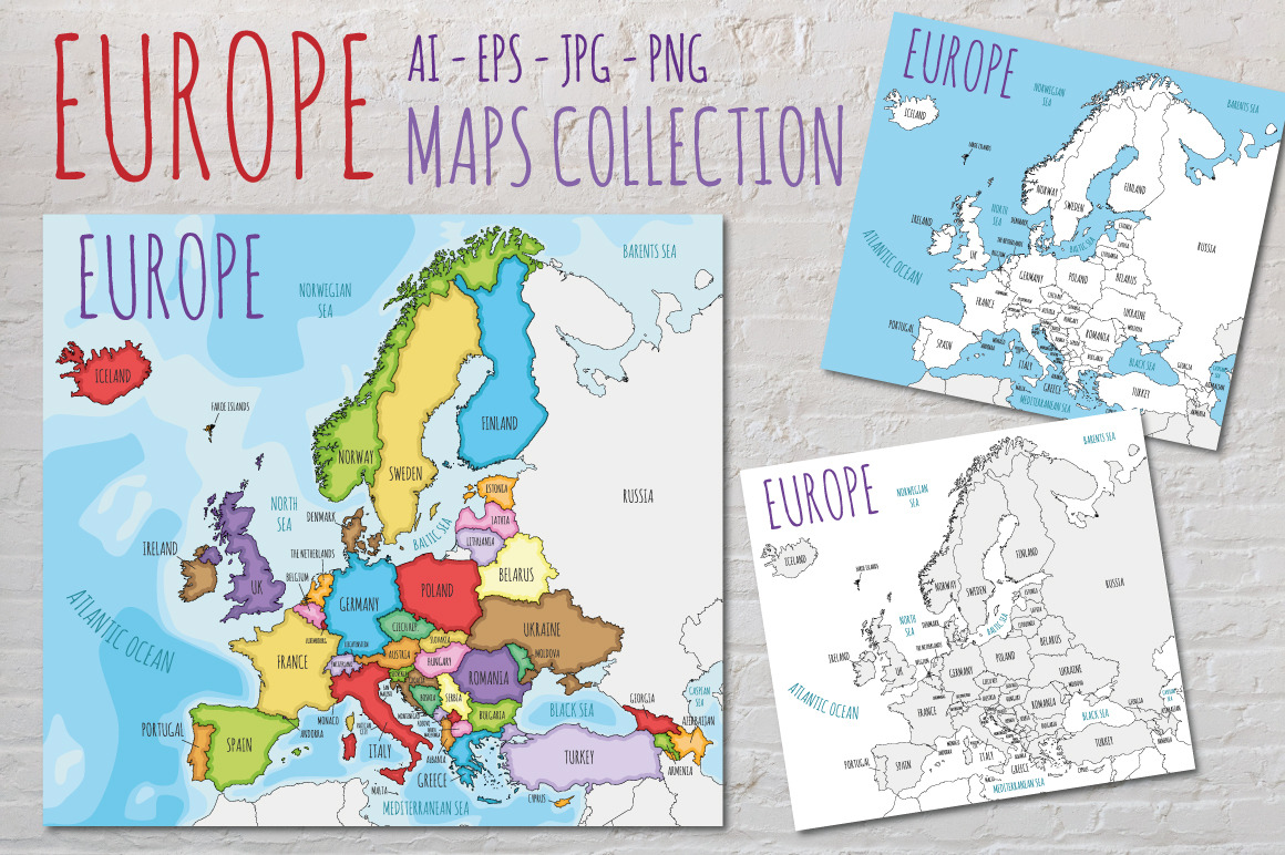 3x Europe Illustrated Vector Maps