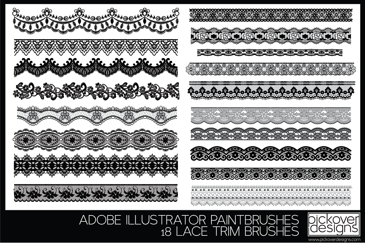 18 Lace Trim Brushes - Illustrator, a Brush Add-On by Pickover Designs