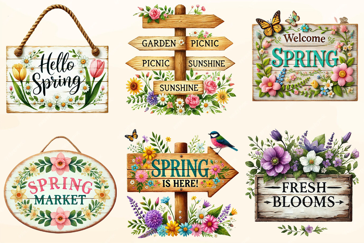 Spring Sign Board Clipart Bundle, a Work Illustration by OK Design