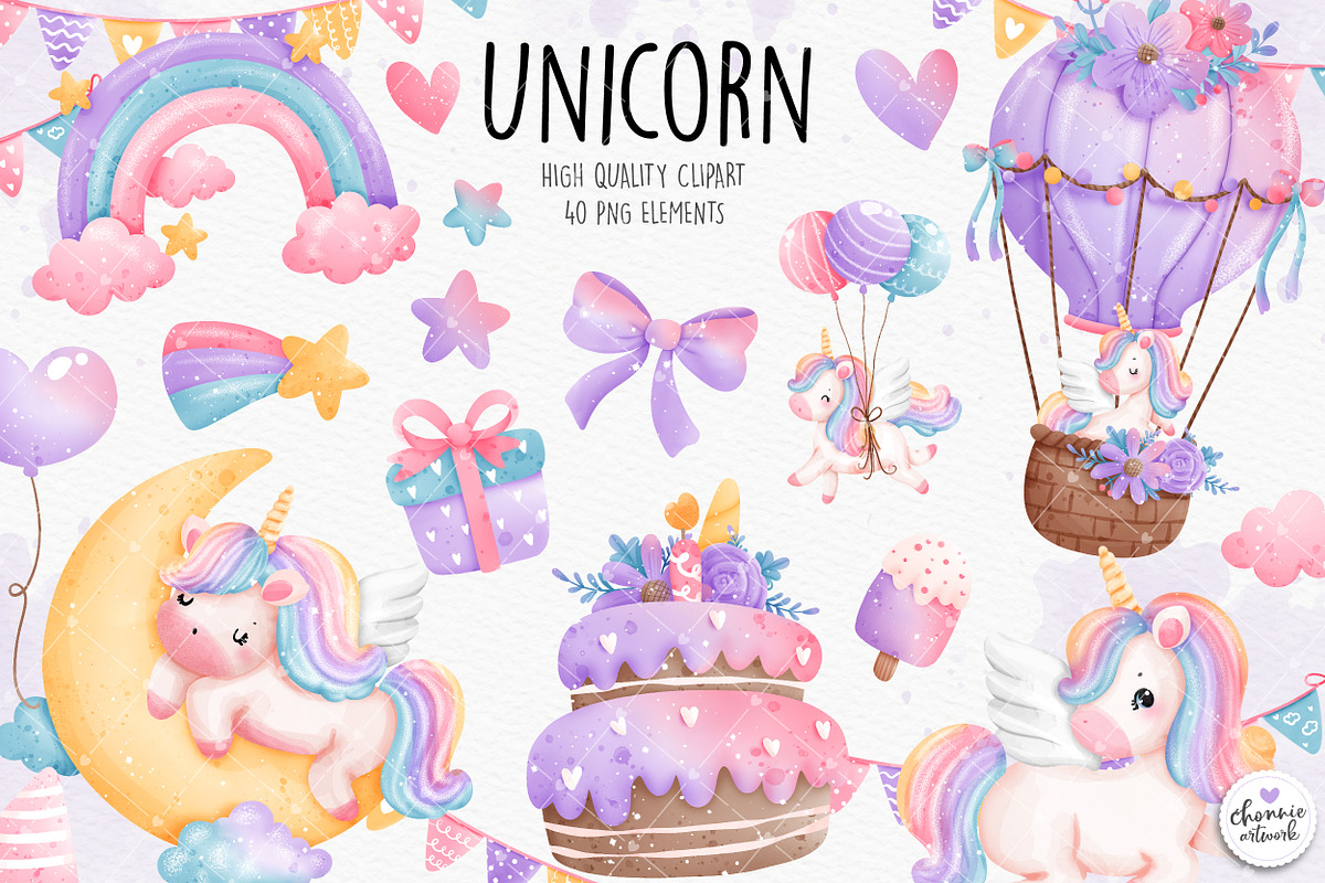 Cute Unicorn clipart, birthday, an Animal Illustration by Chonnieartwork
