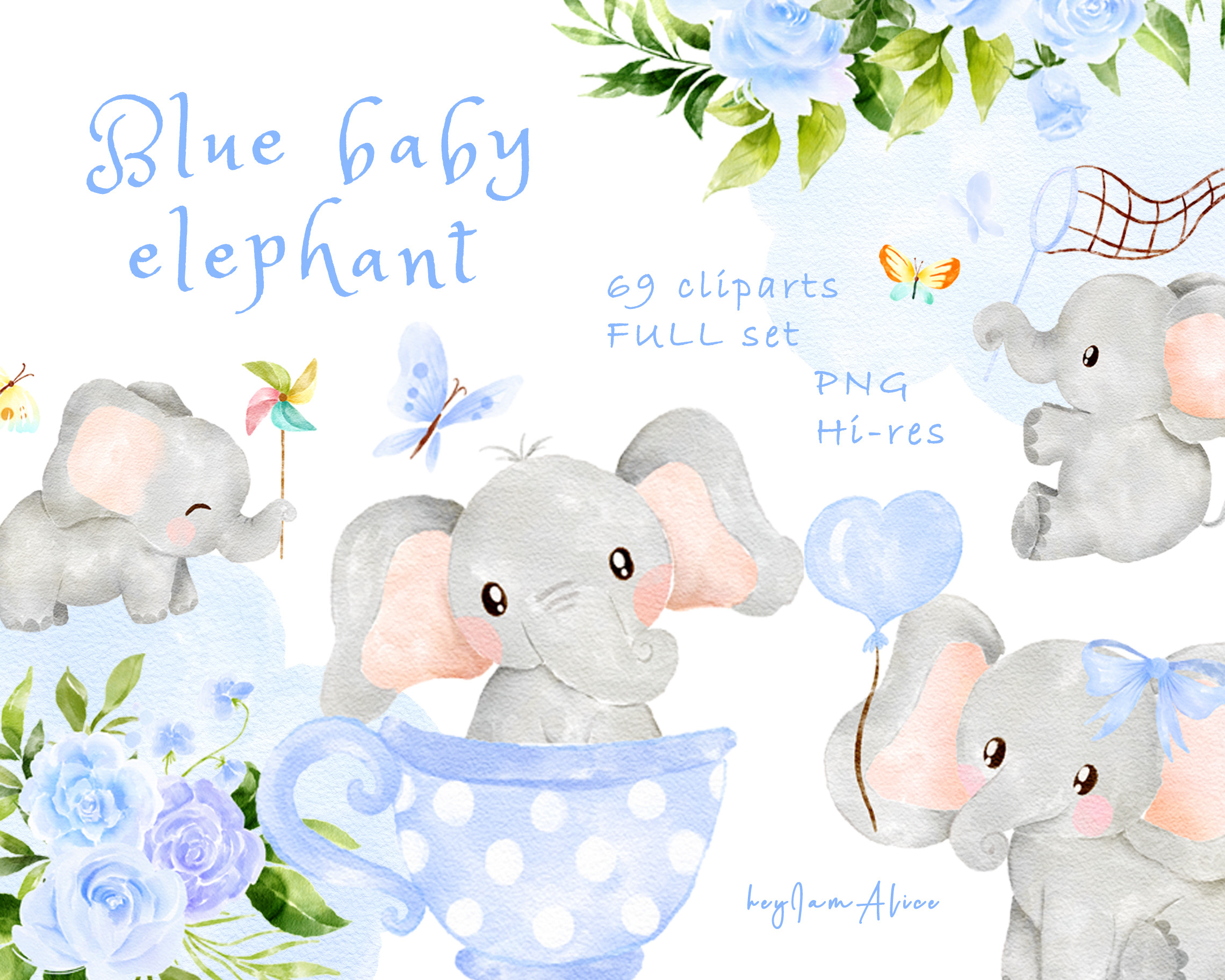 Baby elephant blue clipart