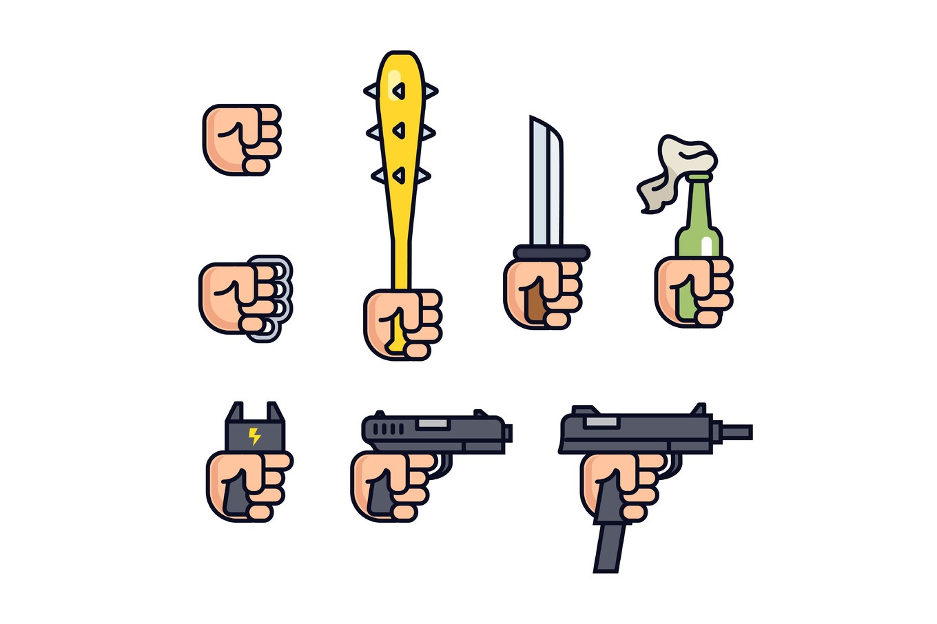 Cold weapon and firearms collection. Weapons in the hand. Vector line ...