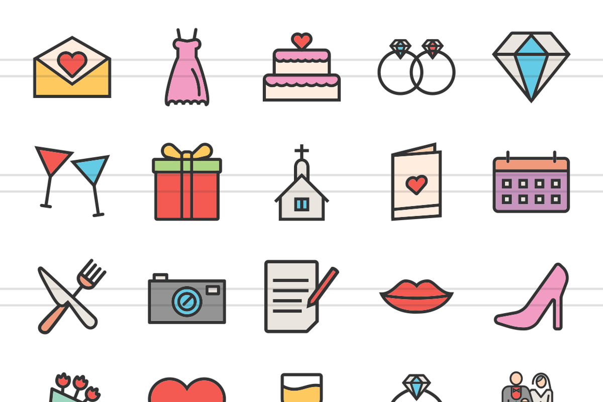 50 Wedding Line Filled Icons, an Outline Icon by IconBunny