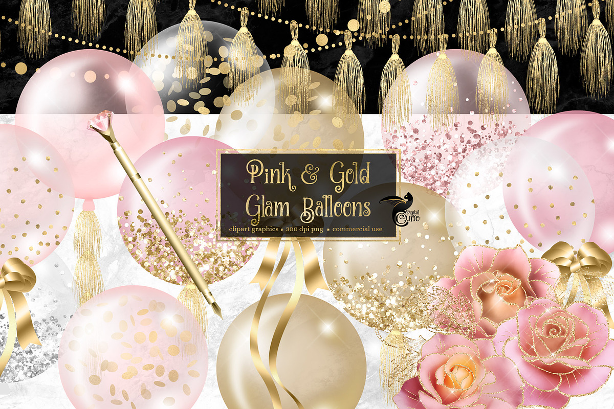 Pink & Gold Glam Balloons Clipart, an Illustration by Digital Curio