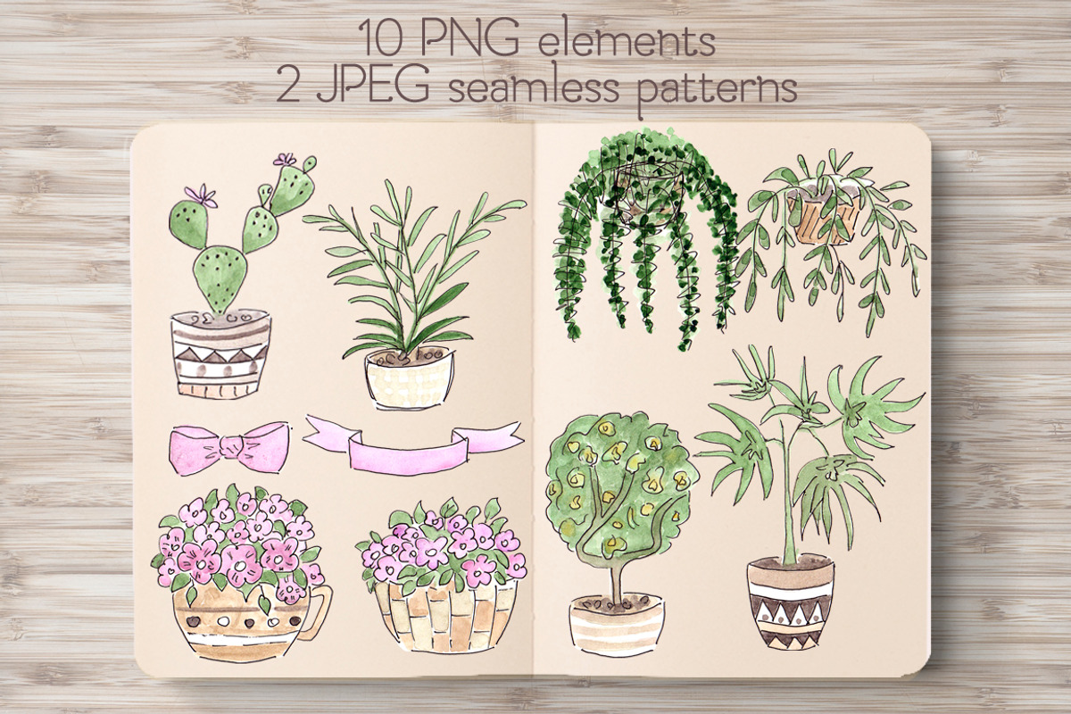 Set Plants in Pots Clipart, Pattern, a Decorative Illustration by ...