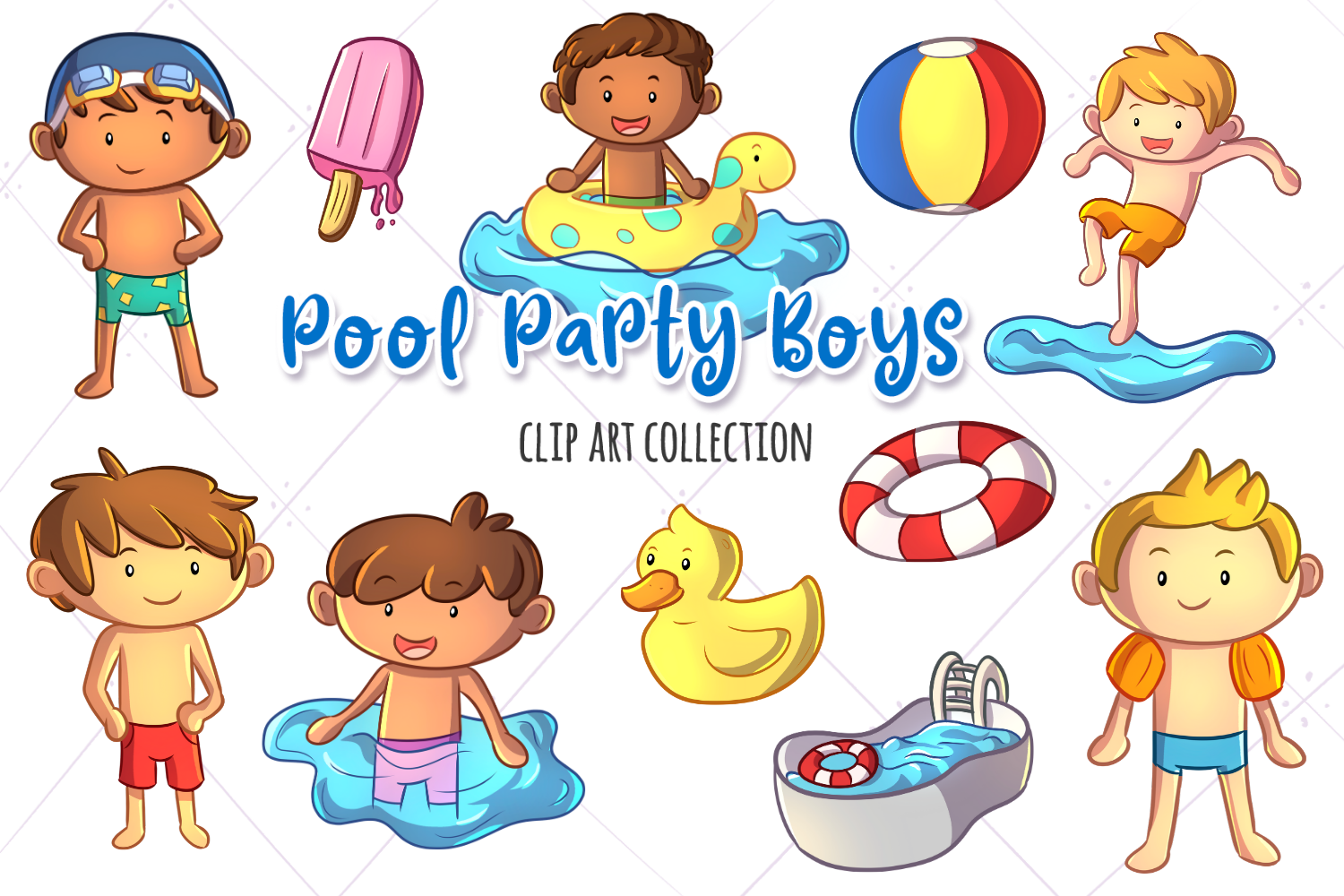 Pool Party Boys Clip Art Collection, an Illustration by Keepin' It Kawaii