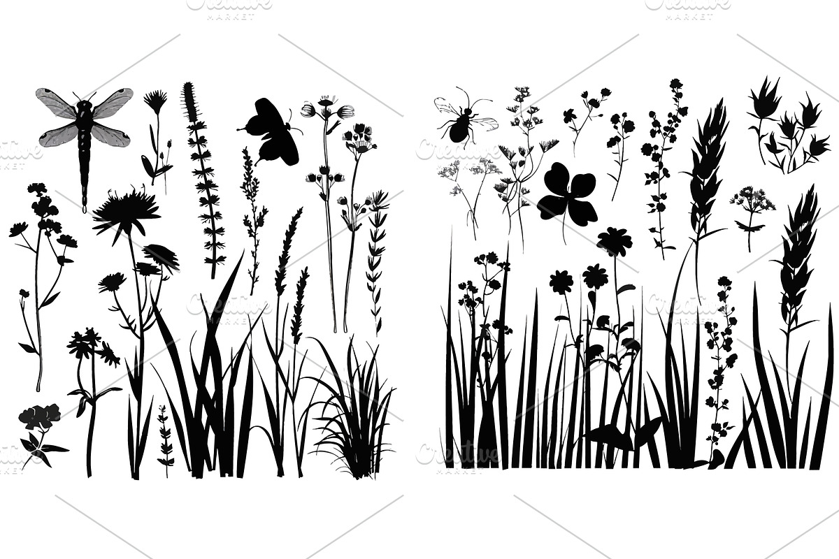 Black silhouettes of grass, flowers, an Object Illustration by ZinetroN