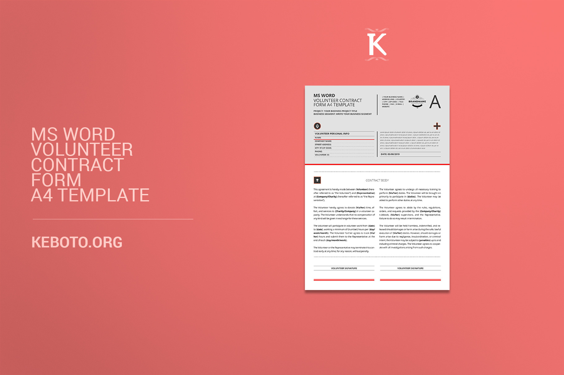 Ms Word Volunteer Contract Form A4 A Templates Theme By Keboto