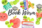 Watercolor school bookworm clipart, an Animal Illustration by Writelovely