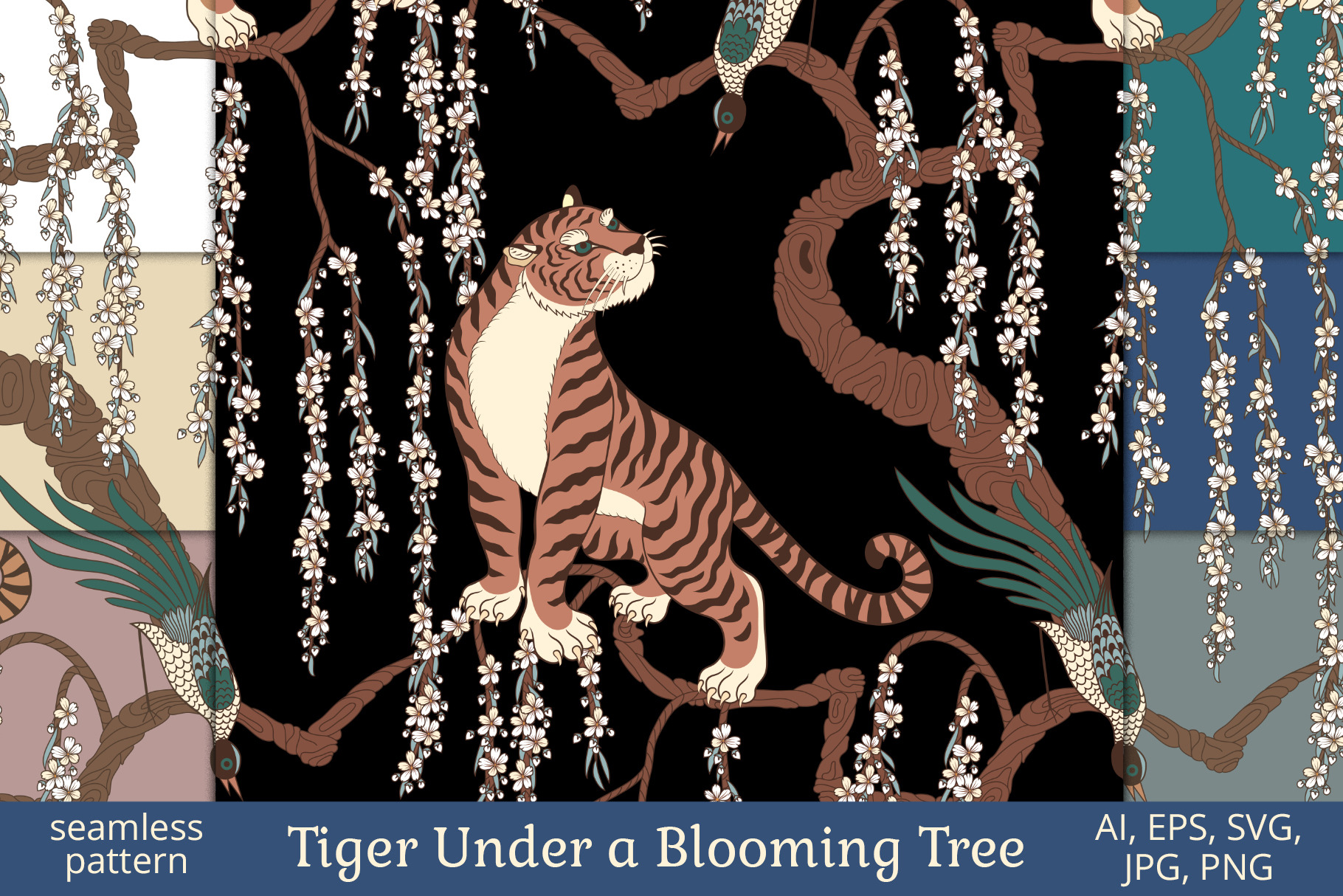 Tiger Under a Blooming Tree, Pattern, a Pattern Graphic by Sveta Aho