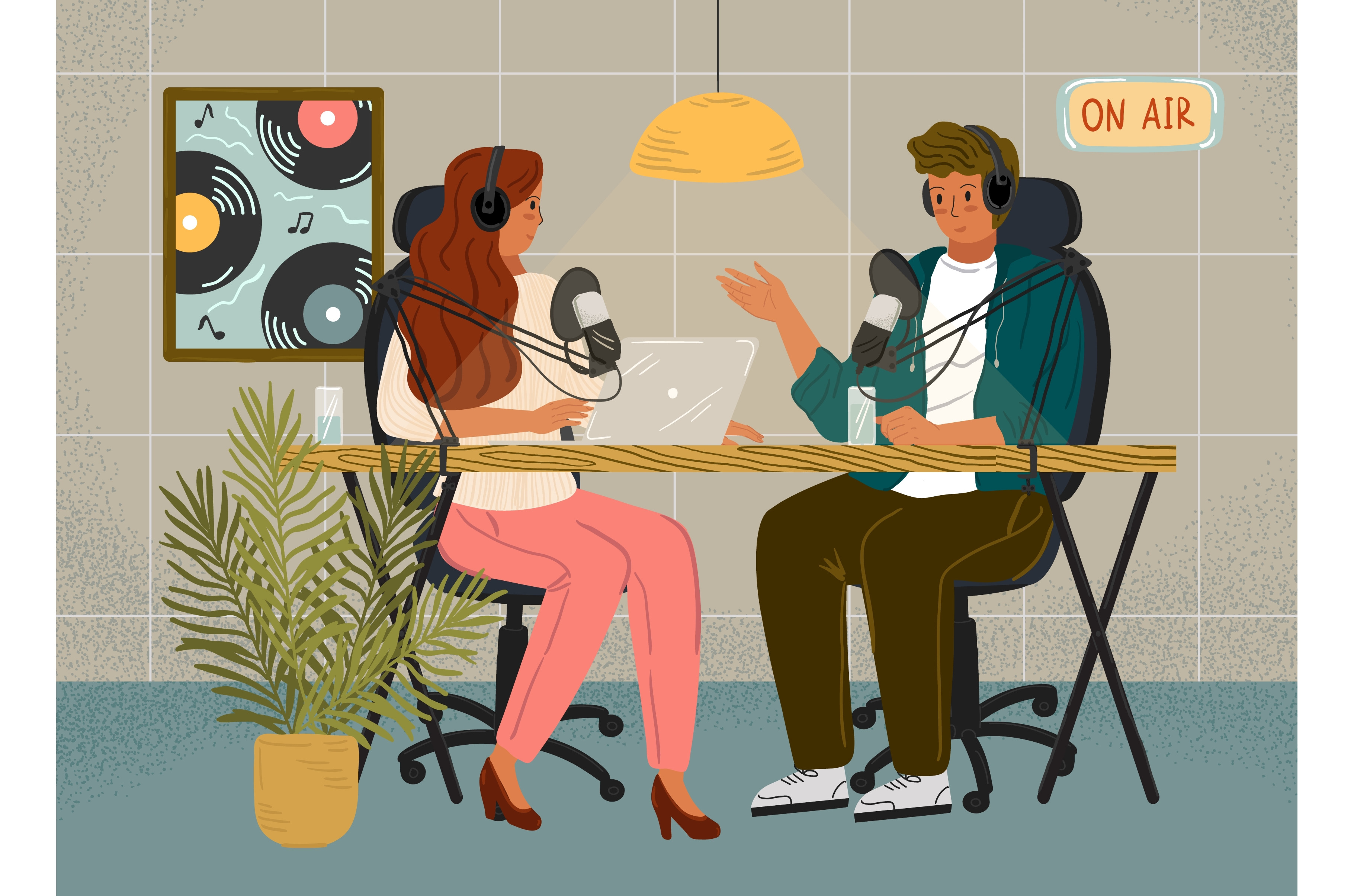 Two radio hosts in headphones | People Illustrations ~ Creative Market