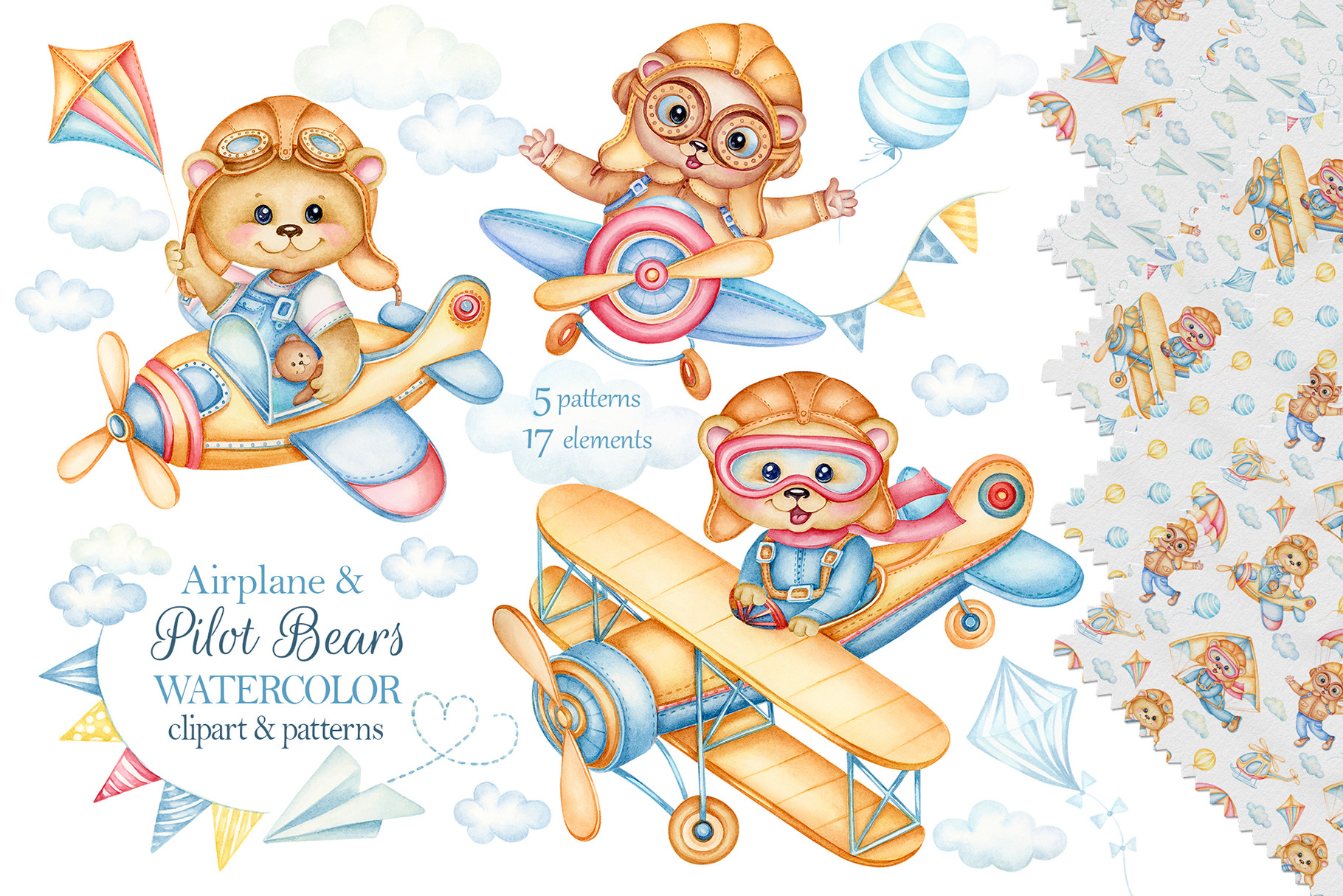Cute Teddy Bear and Airplane clipart | Creative Market