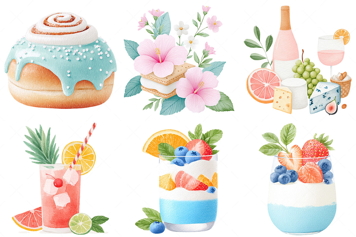 Watercolor Coastal Brunch Clipart, an Illustration by Craft Nest