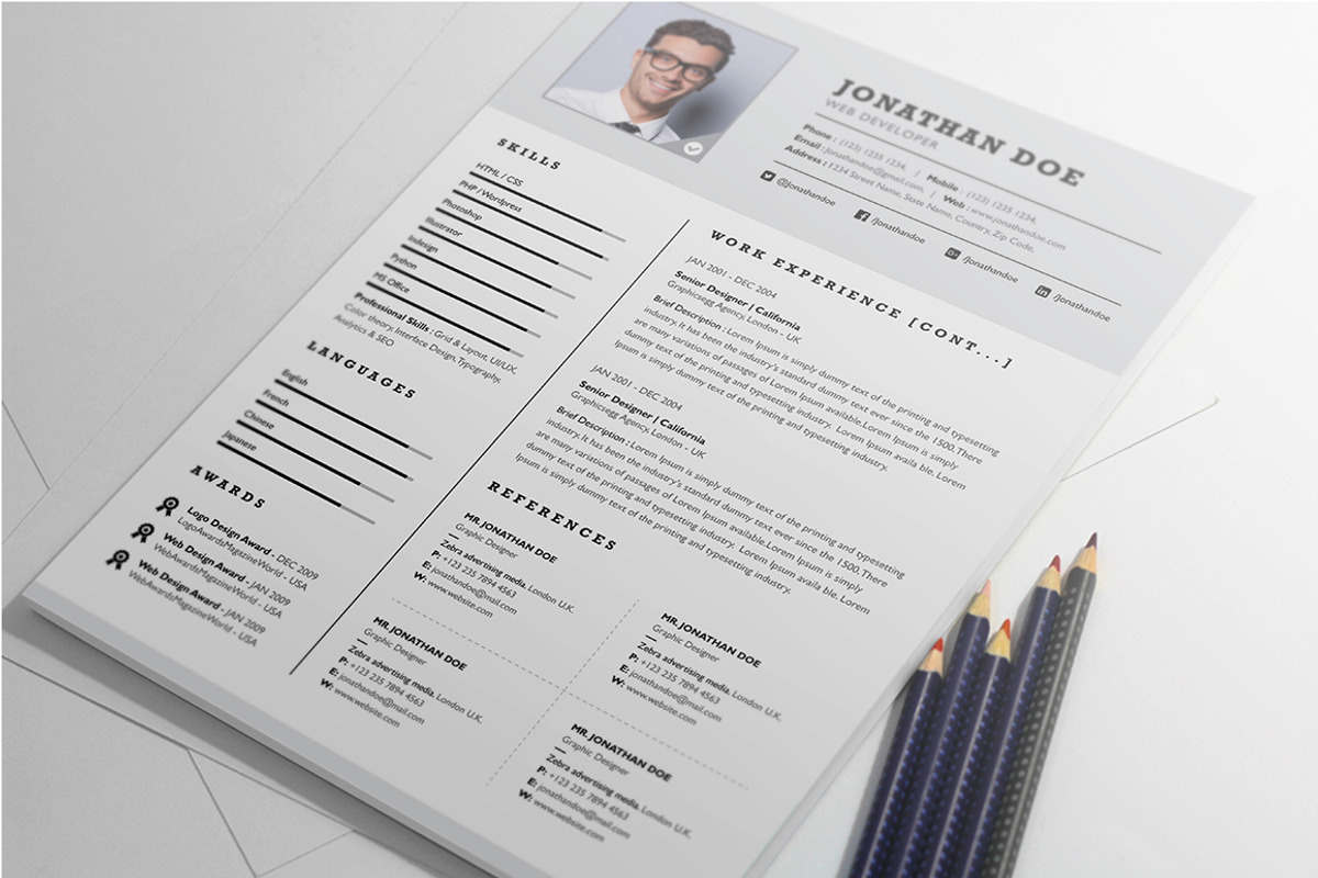 Professional two page resume set, a Resume Template by GraphicsEgg