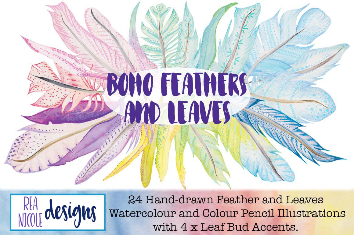 Boho Feathers and Leaves, an Illustration by Rea Nicole Designs