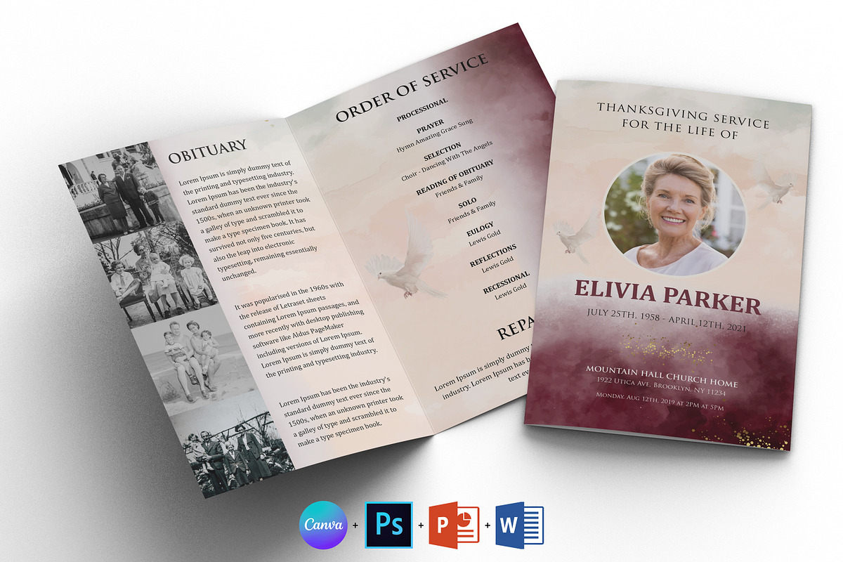 Heaven Dove Funeral Program Template, a Brochure Template by Designscozy