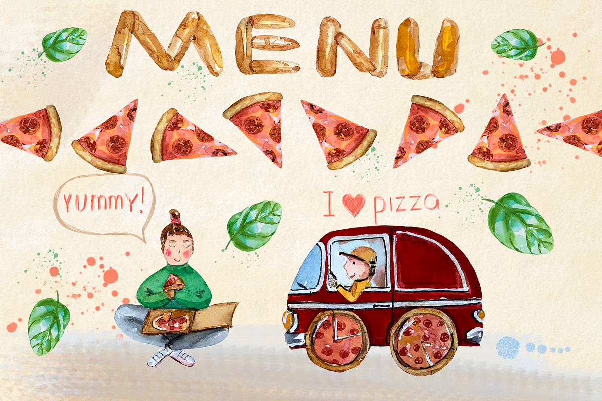 Watercolor Pizza Time Clip Art Set, a Food Illustration by Tati Bordiu ...
