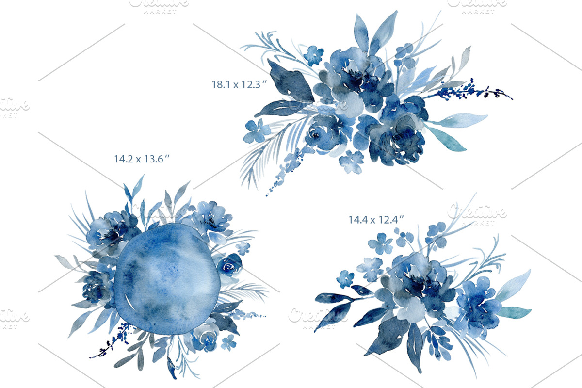 Watercolor Navy Indigo Blue Flowers, an Illustration by GraphicsDish