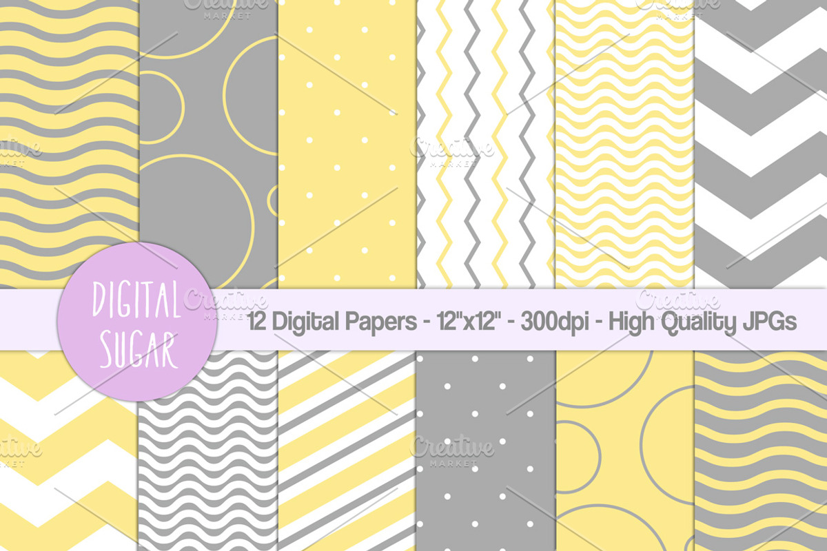 Yellow & Gray Digital Paper Pack, a Pattern Graphic by Digital Sugar