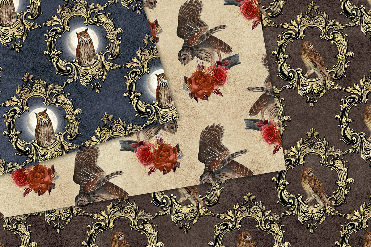 Vintage Owl Digital Paper, a Pattern Graphic by Digital Curio