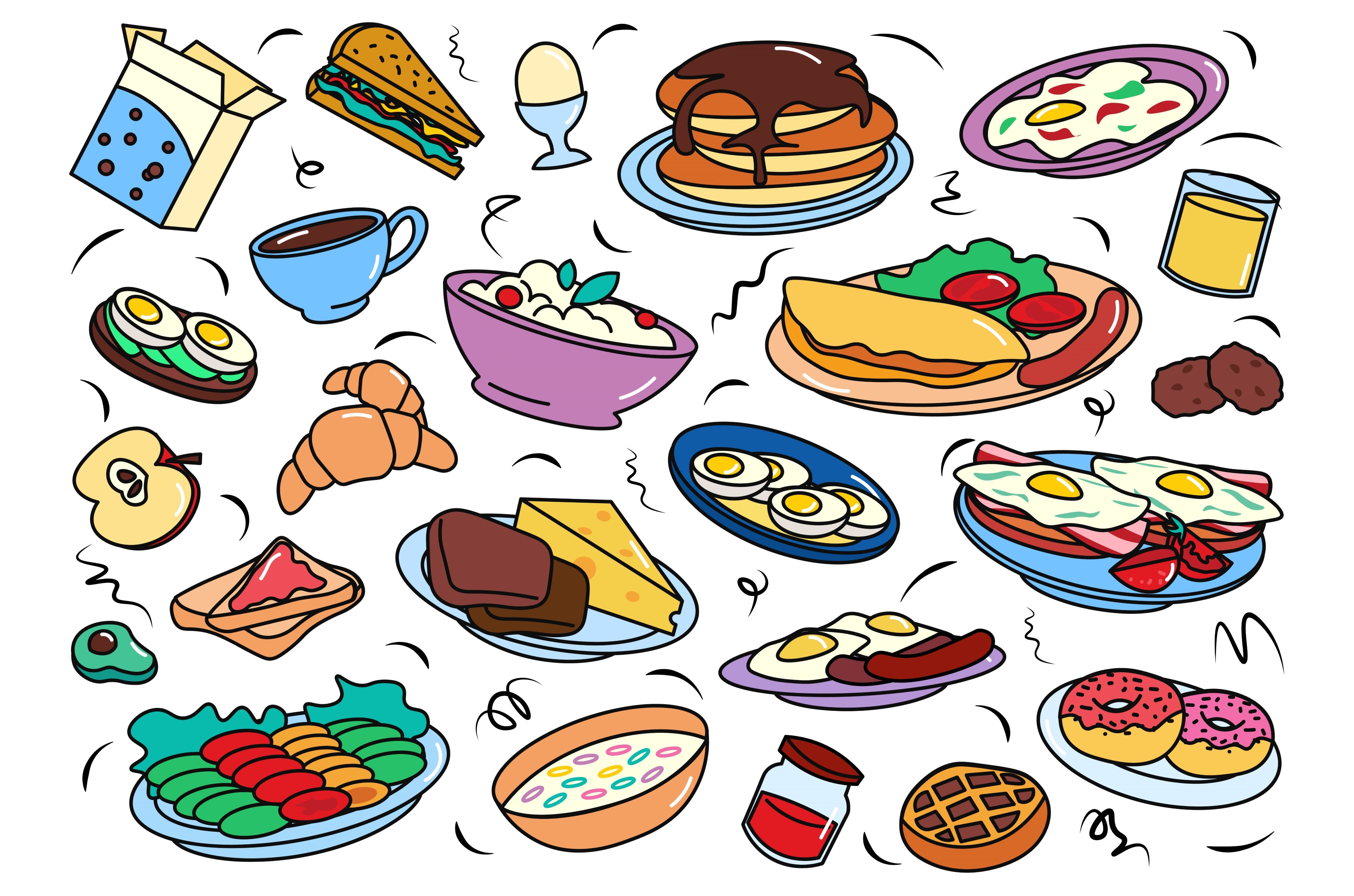 Flat cartoon set breakfast, a Food Illustration by Dessign Sells