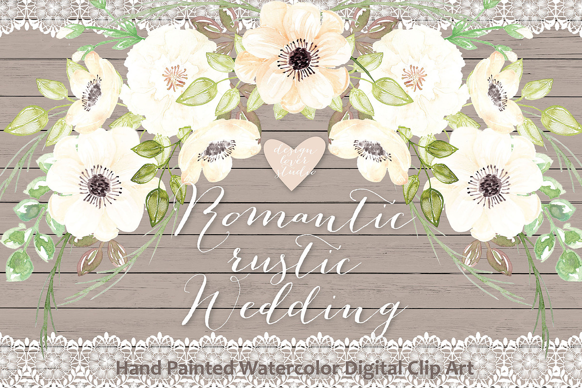 Watercolor Romantic rustic clipart, an Illustration by designloverstudio