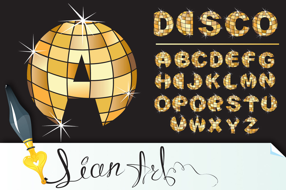 Gold disco ball letters - alphabet, an Illustration by Lian-art